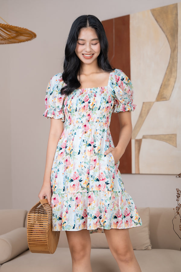 Bella Puff Sleeves Smocked Playsuit Dress in Blossoms - TheVelvetDolls