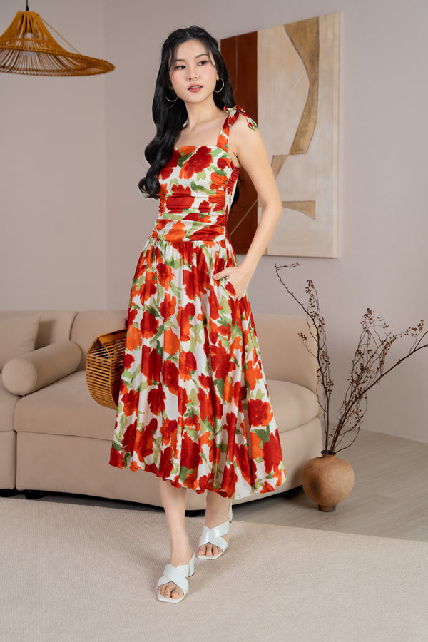Krissy Ruched Tie Straps Bubble Dress in Red Florals - TheVelvetDolls