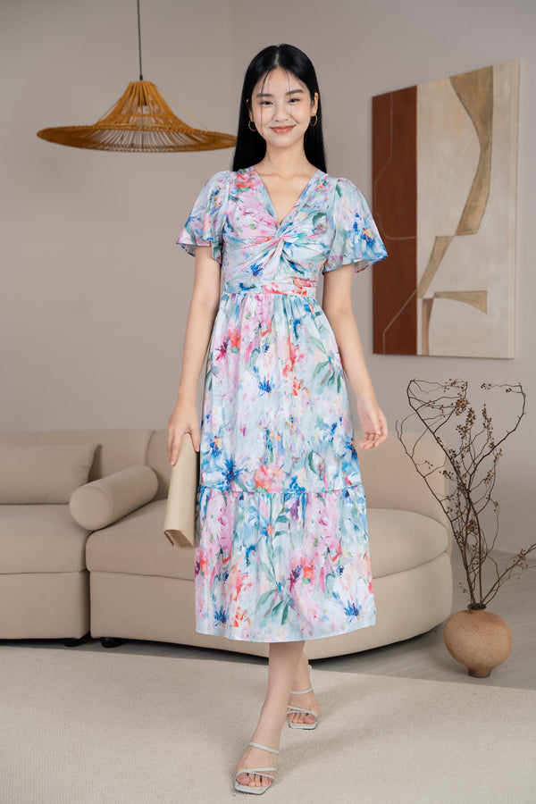 Emma Knot-Front Flutter Sleeves Dress in Blue Florals - TheVelvetDolls