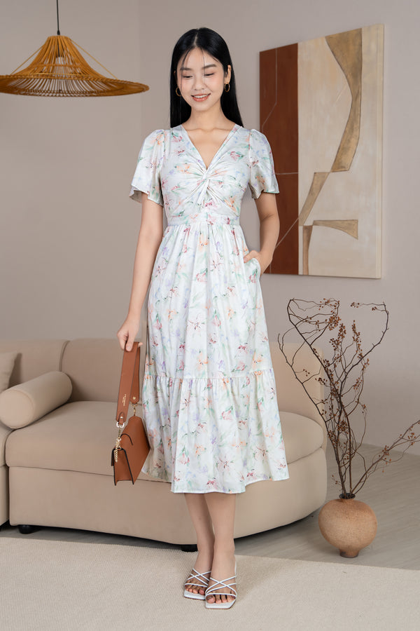 Emma Knot-Front Flutter Sleeves Dress in Sage Florals - TheVelvetDolls