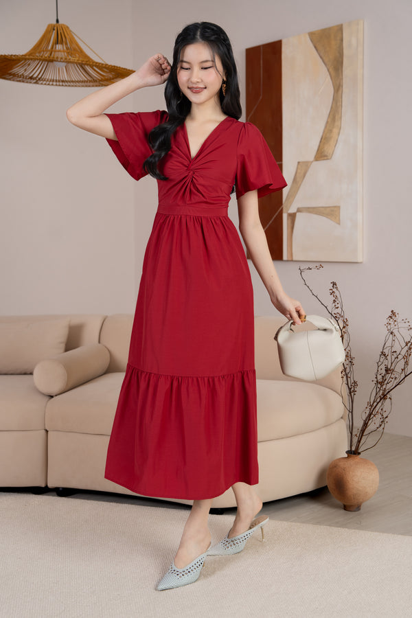 Emma Knot-Front Flutter Sleeves Dress in Red - TheVelvetDolls