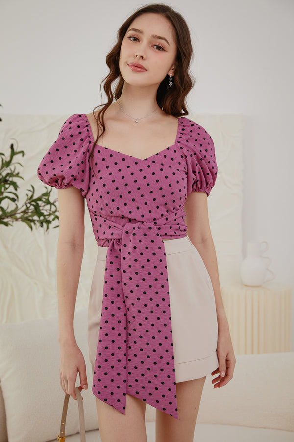 Ingrid Puff Sleeves Wrap Top in Pink Polkadots - TheVelvetDolls